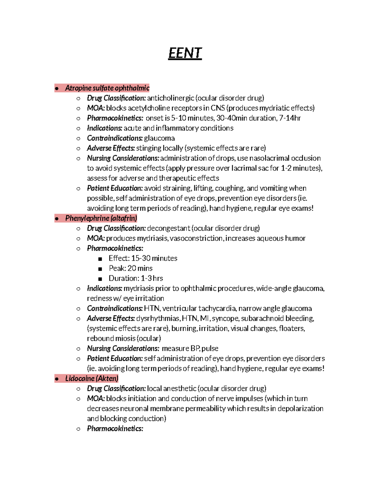 EENT Medications - EENT Atropine sulfate ophthalmic Drug Classiûcation ...