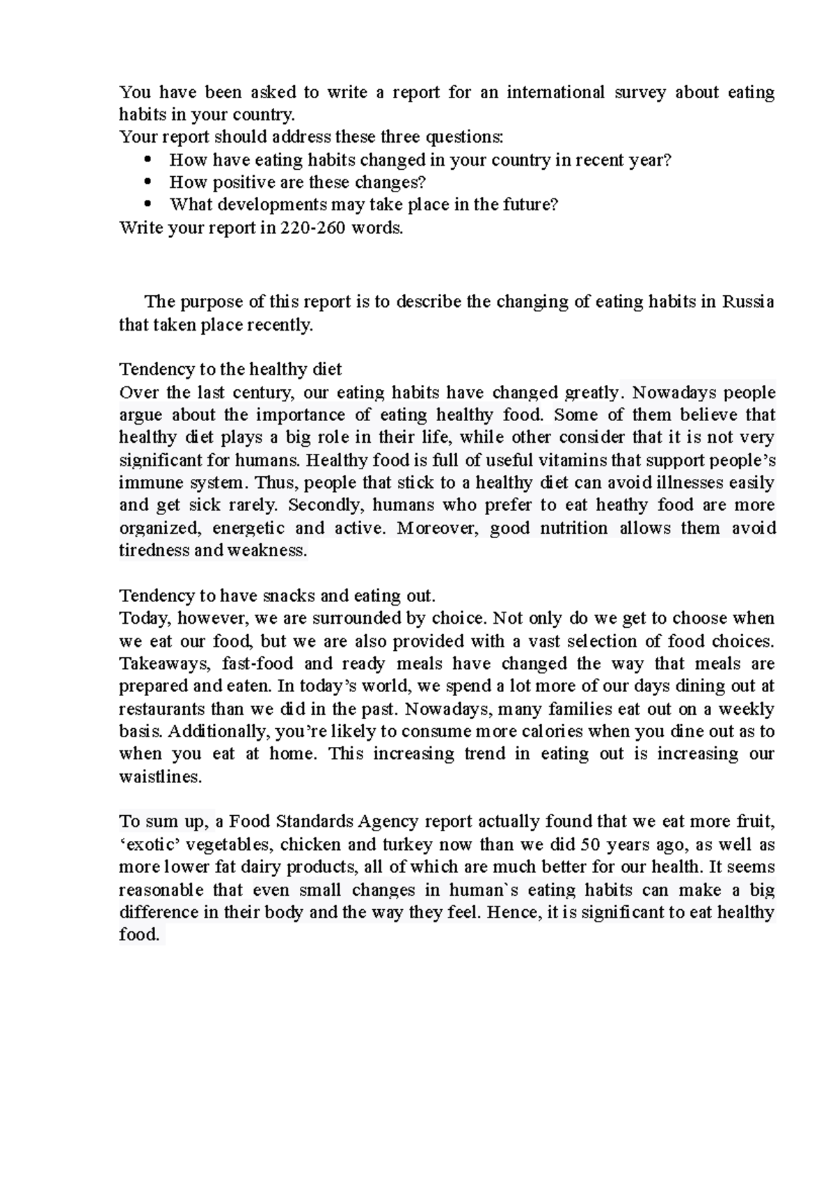Report about eating habits - You have been asked to write a report for ...