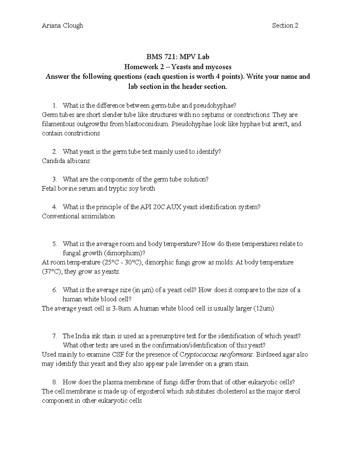 MPV lab homework 2 - BMS 721: MPV Lab Homework 2 – Yeasts and mycoses ...