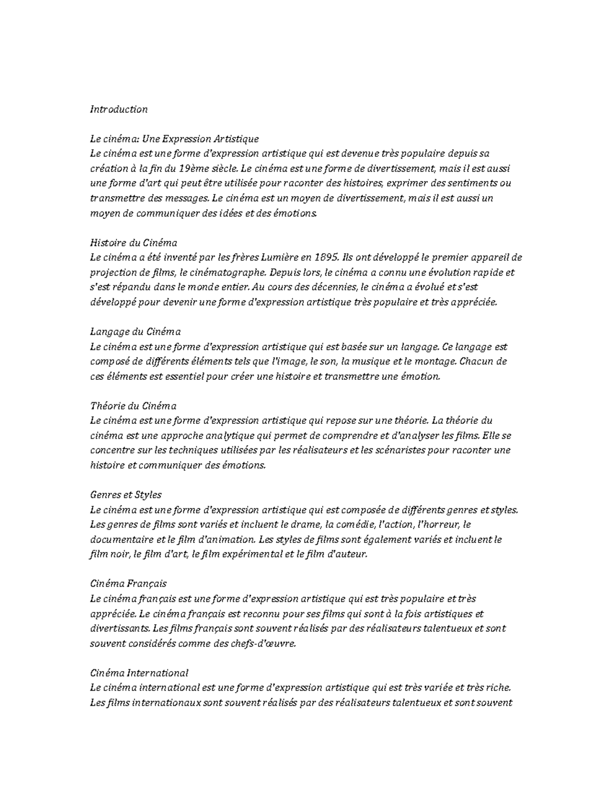 Cinéma Notes de cours - Introduction Le cinéma: Une Expression ...