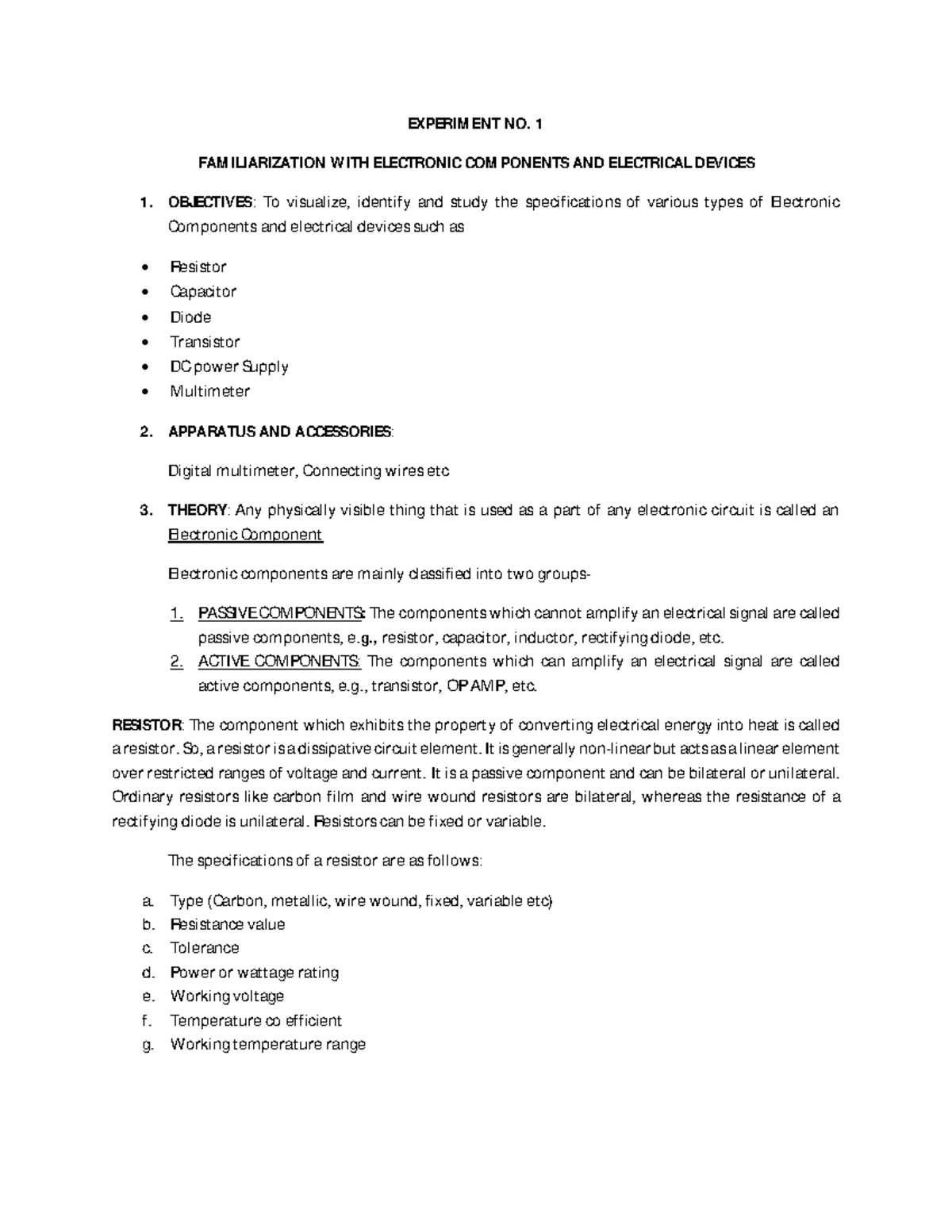 Analog lab 1 - EXPERIMENT NO. 1 FAMILIARIZATION WITH ELECTRONIC COMPONENTS AND ELECTRICAL ...