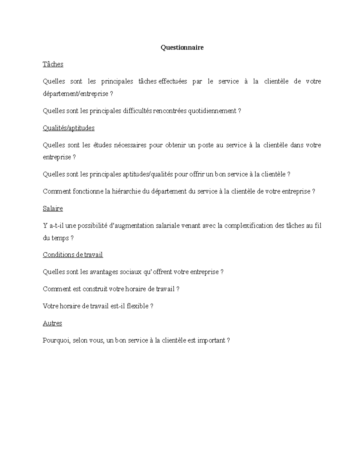 Questionnaire - Exemples de questions - Questionnaire Tâches Quelles ...