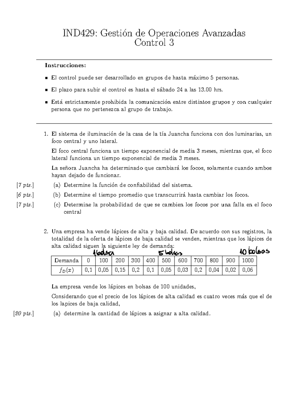 Control 3 desarrollo - IND429: Gestión de Operaciones Avanzadas Control ...