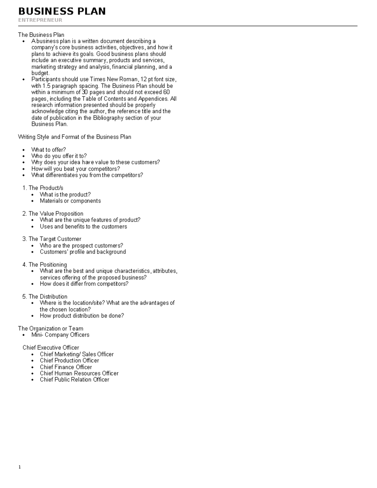 Business Plan - BUSINESS PLAN ENTREPRENEUR The Business Plan A business ...