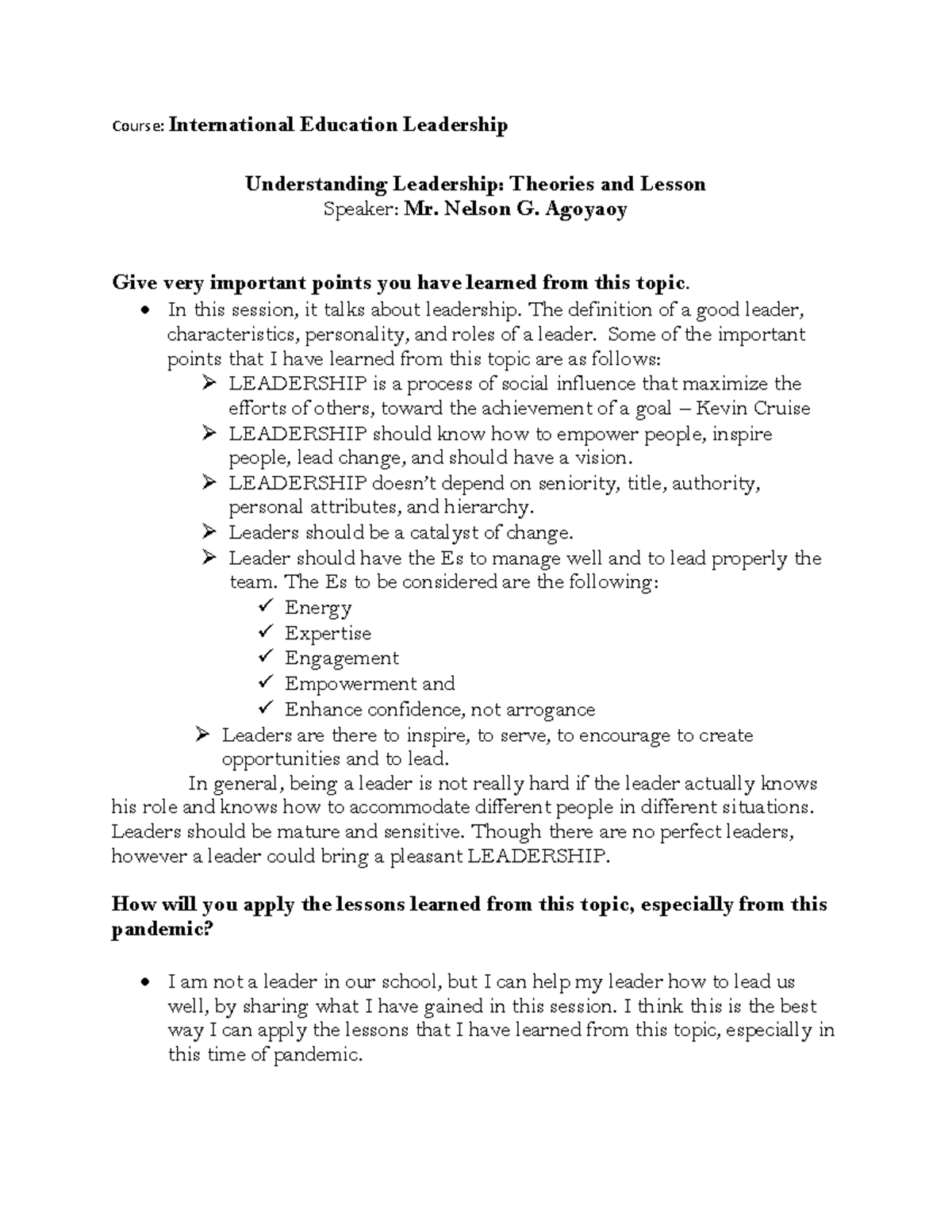10. Understanding Leadership Theories and lesson - Course ...