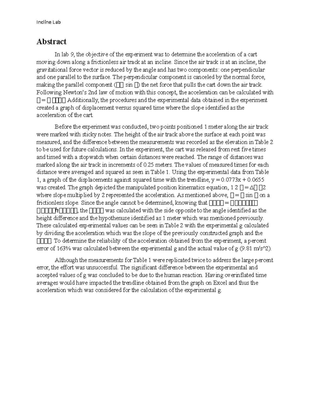 Phys #3 - Incline Lab (General Physics 1) - Incline Lab Abstract In lab ...