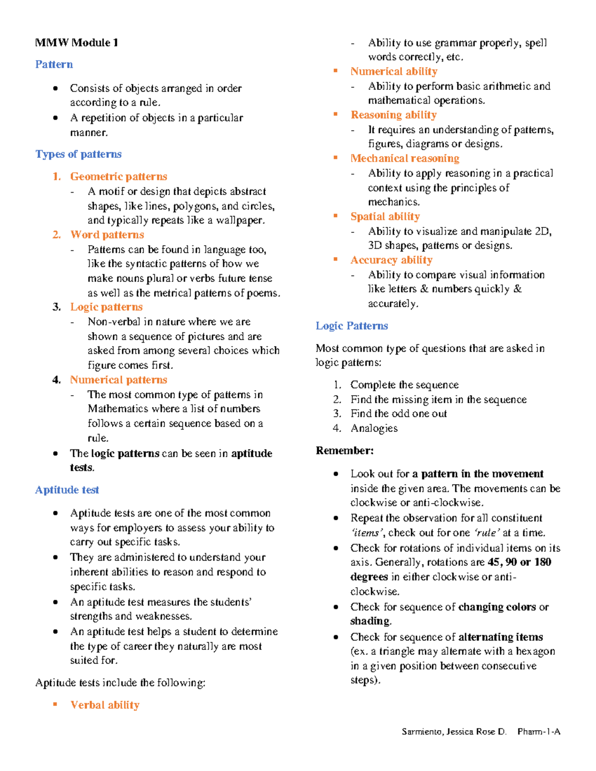 MMW-Module 1 - Hzhsux - Sarmiento, Jessica Rose D. Pharm- 1 - A MMW Module 1 Pattern Consists of ...