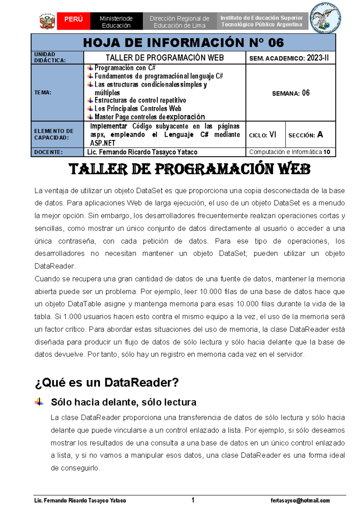 HOJA DE Información-06 Taller DE Programacion WEB - Lenguaje de Programación Para Ingeniería ...