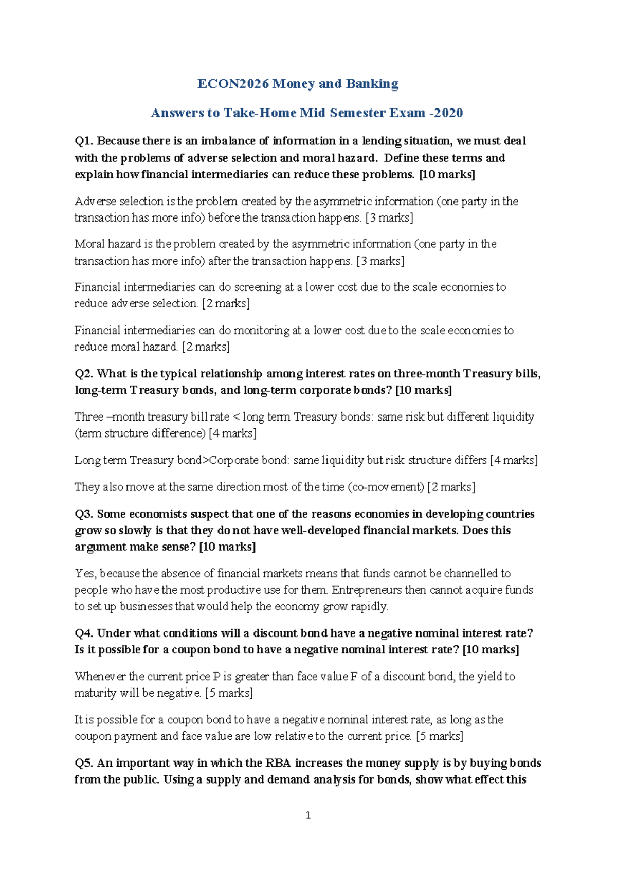 ECON2026-2024 Quiz 1 Answers - 1 ECON2026 Money and Banking Answers to Take-Home Mid Semester ...