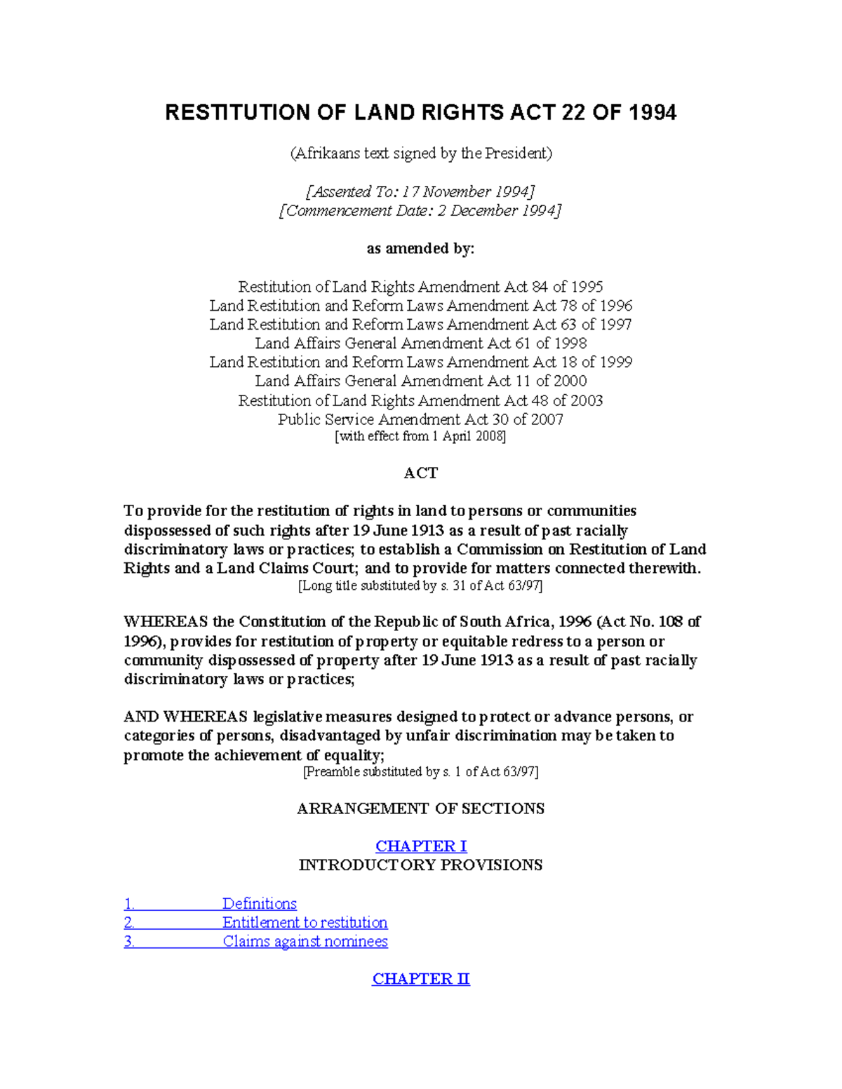 Restitution of land rights - RESTITUTION OF LAND RIGHTS ACT 22 OF 1994 ...