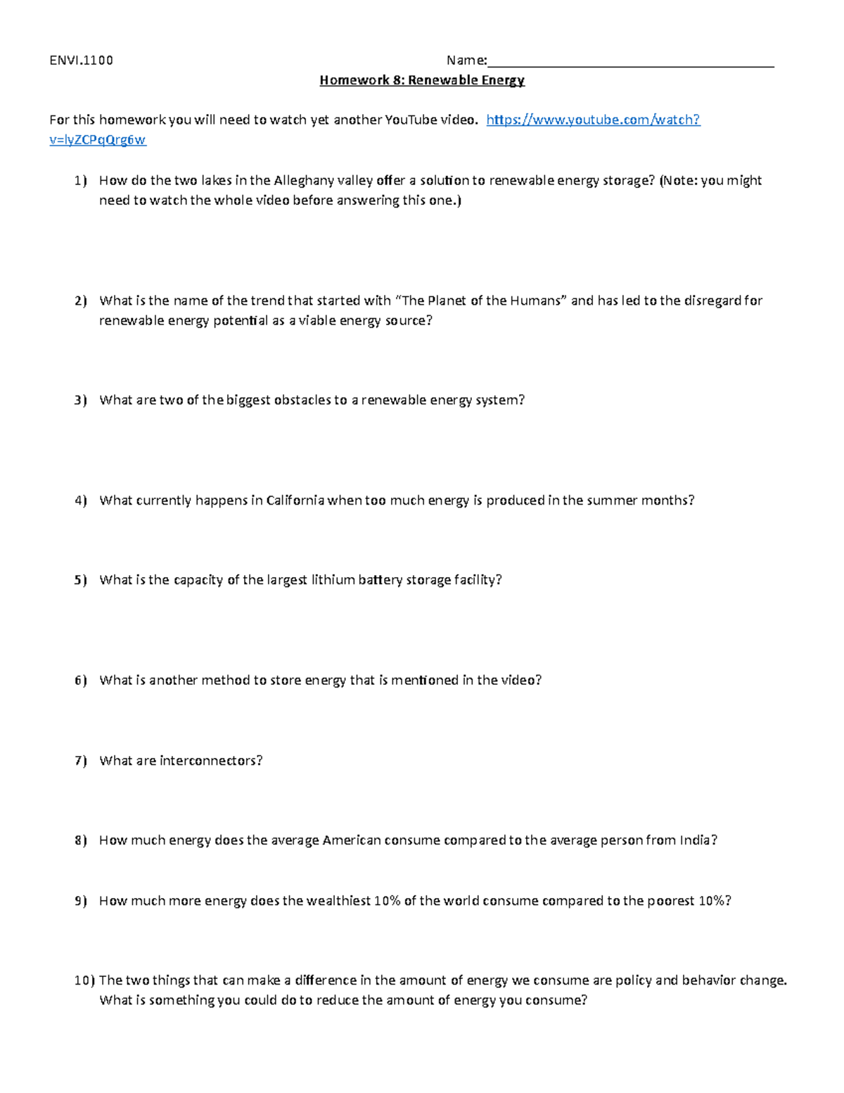 Homework 8 Renewable energy - ENVI Homework 8: Renewable - Studocu