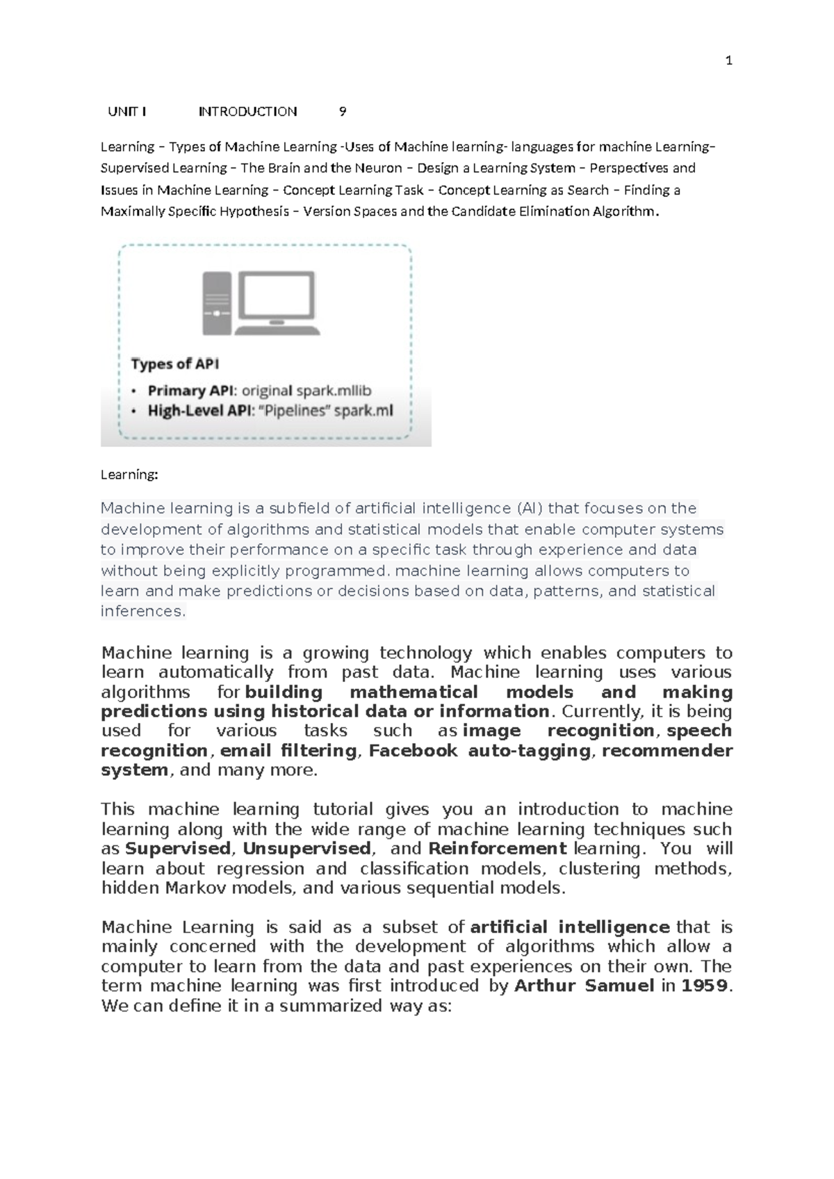 Unit 1 - To introduce students to the basic concepts and techniques of Machine Learning. - UNIT ...