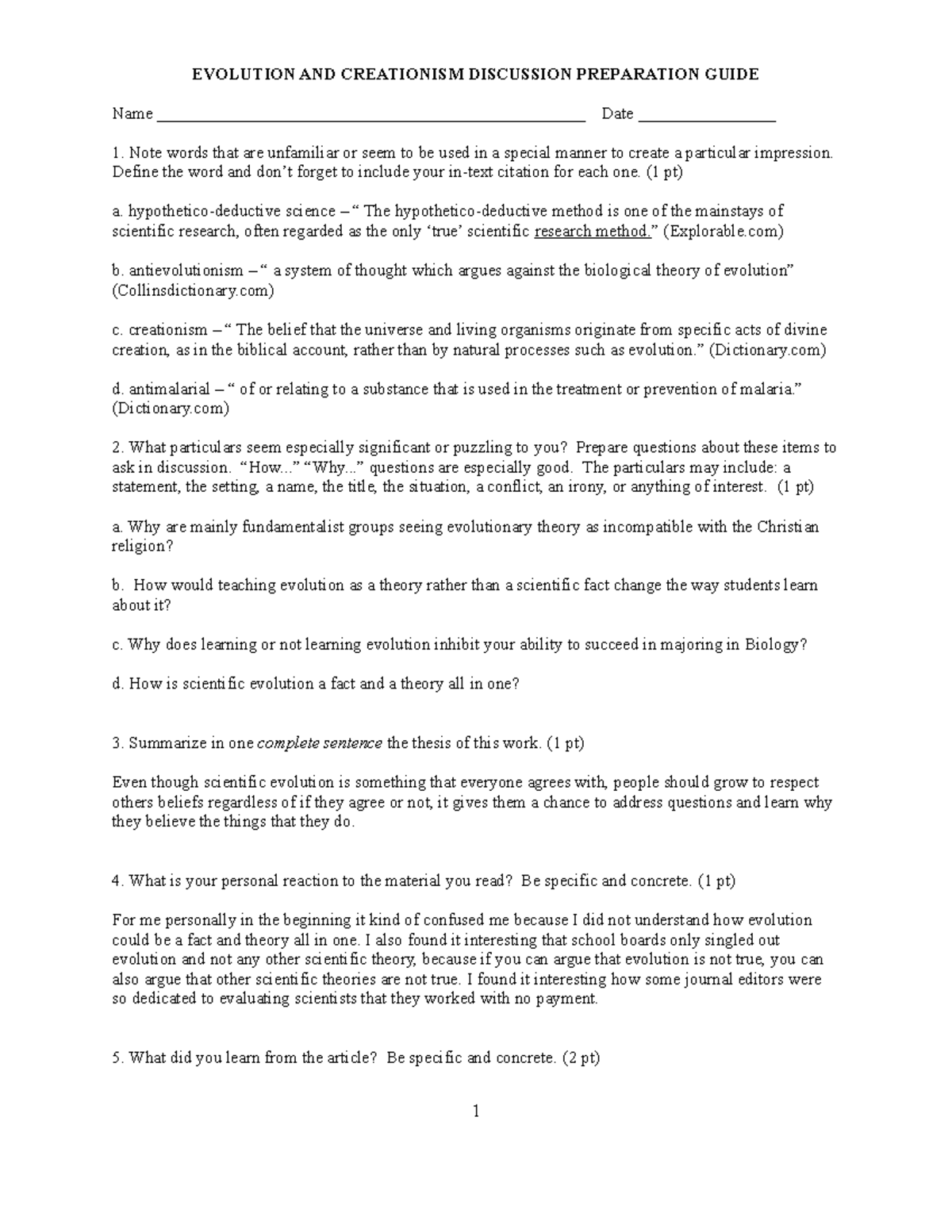 Evolution and ID Discussion Preparation Form - EVOLUTION AND ...