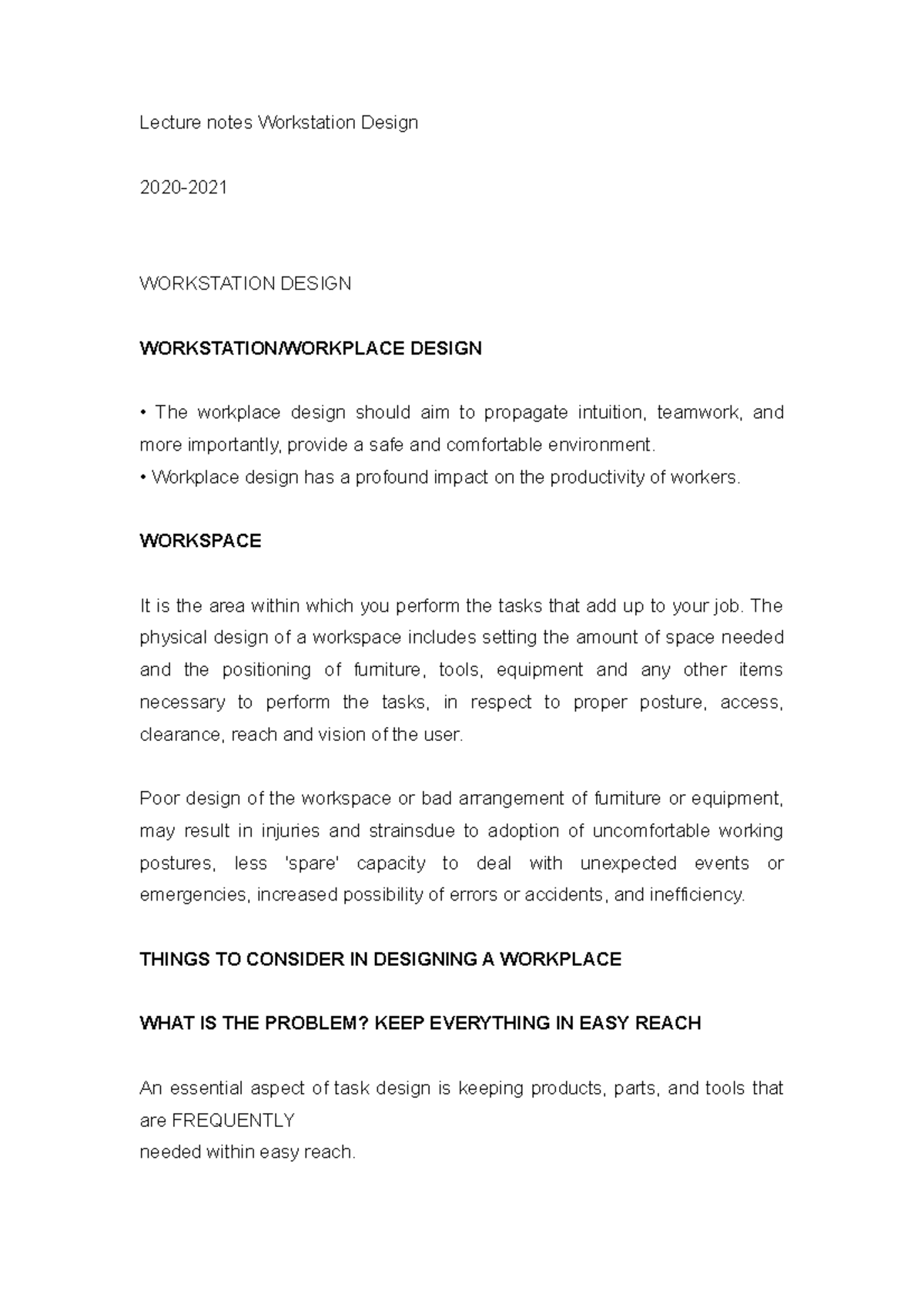 Lecture notes Workstation Design - Lecture notes Workstation Design ...