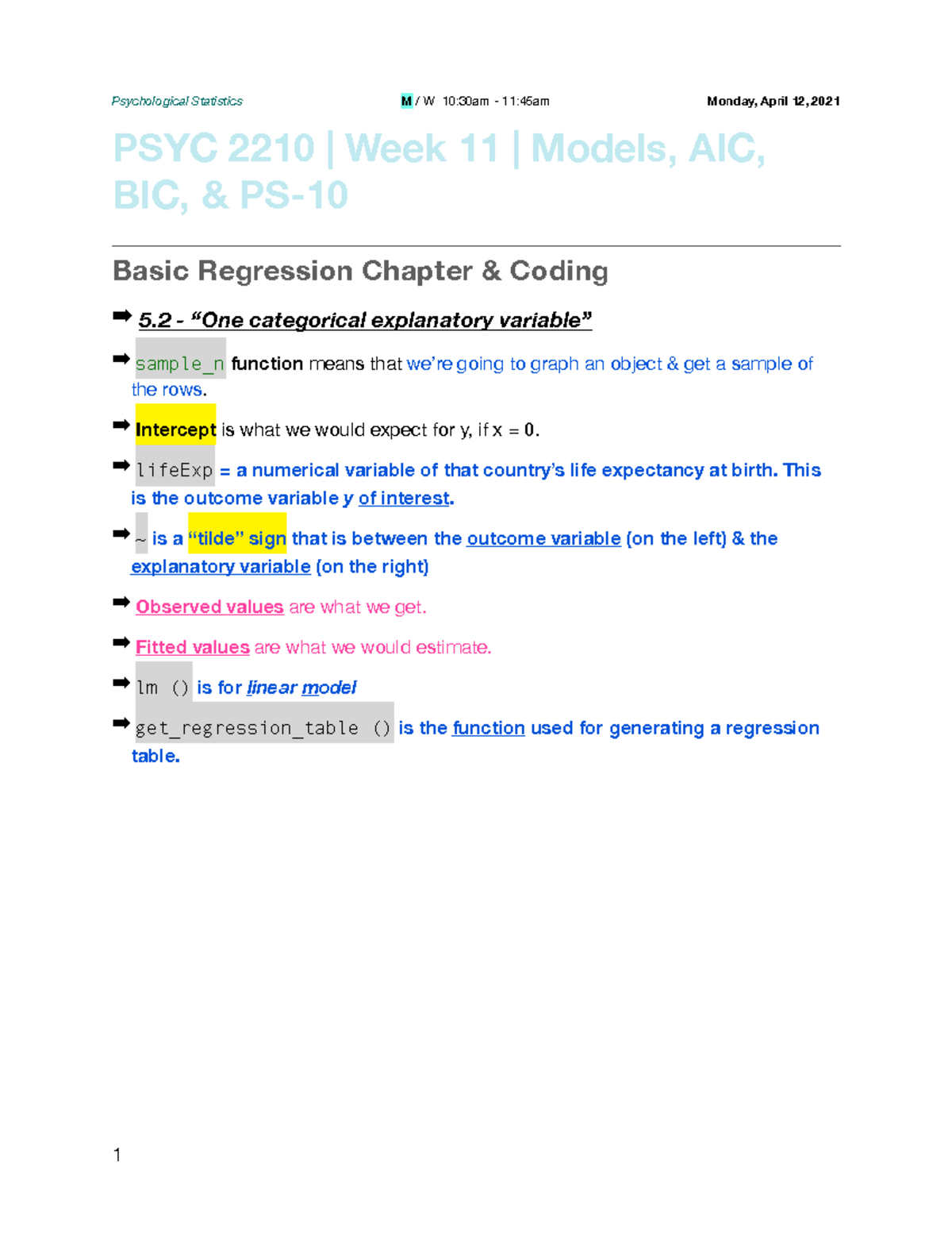 Psyc 2210 Week 11 Mon Lecture Notes Psyc 2210 Week 11 Models Aic Bic And Ps Basic