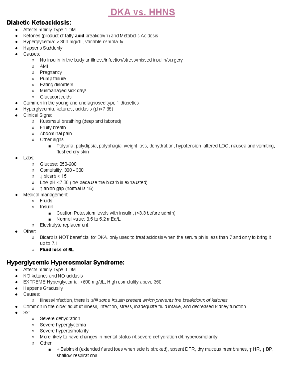 NUR413 Exam 2 Study Guide - DKA vs. HHNS Diabetic Ketoacidosis: Affects ...