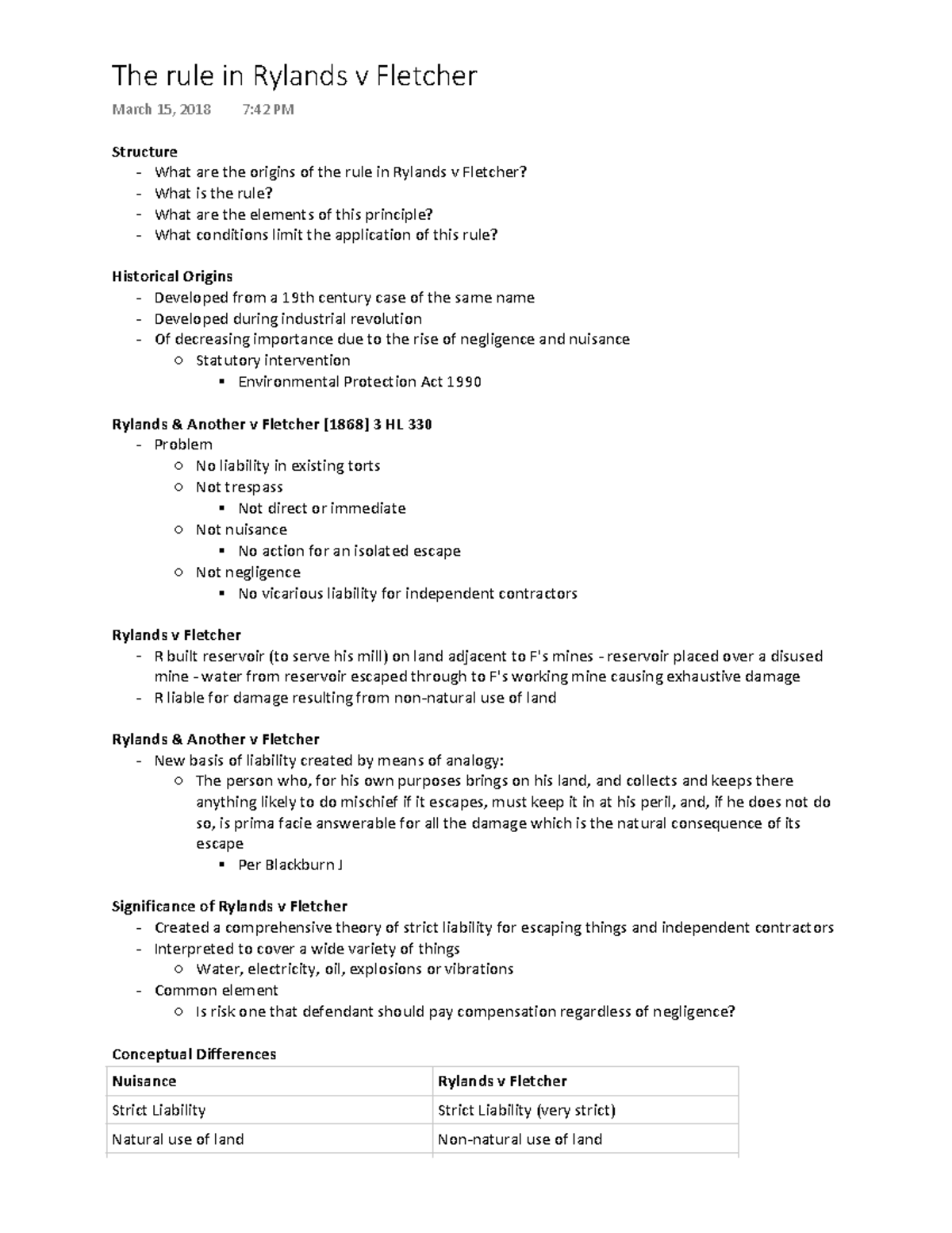Tort Law The Rule in Rylands v Fletcher Lecture 14 - Warning: TT ...