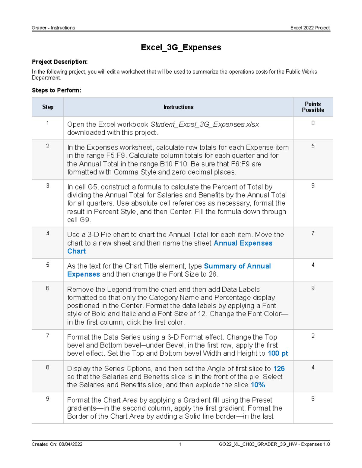 Excel 3G Expenses Instructions - Grader - Instructions Excel 2022 Project Excel_3G_Expenses ...