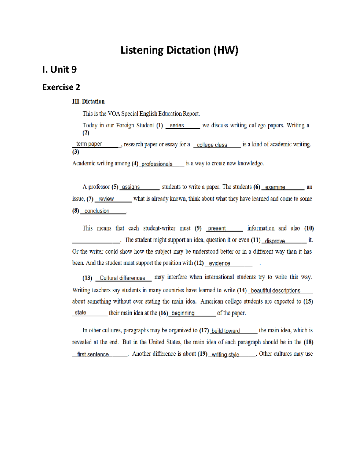 Listening Dictation Homework - English for Specific Purposes ...