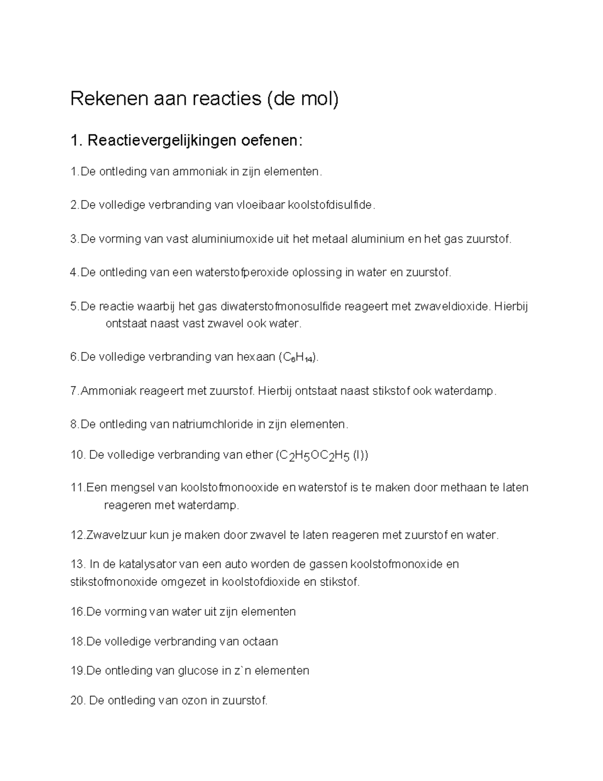 Oefenopgaven-rekenen-mol - Rekenen aan reacties (de mol) 1 ...
