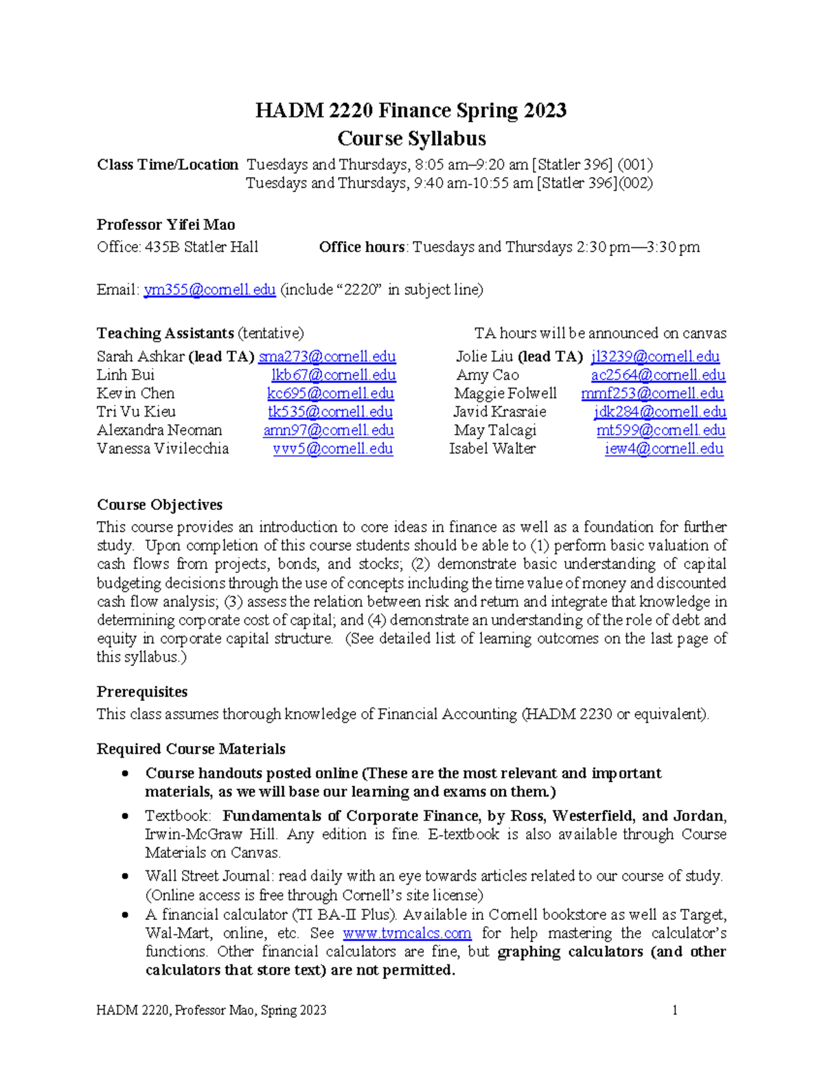 HADM 2220 Syllabus - HADM 2220 Finance Spring 2023 Course Syllabus ...