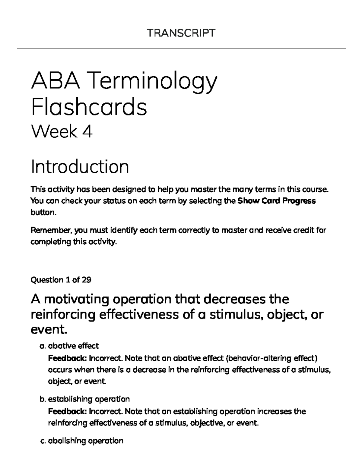 ABA Week 4 Terminology Flashcards - TRANSCRIPT ABA Terminology Flashcards Week 4 Introduction ...