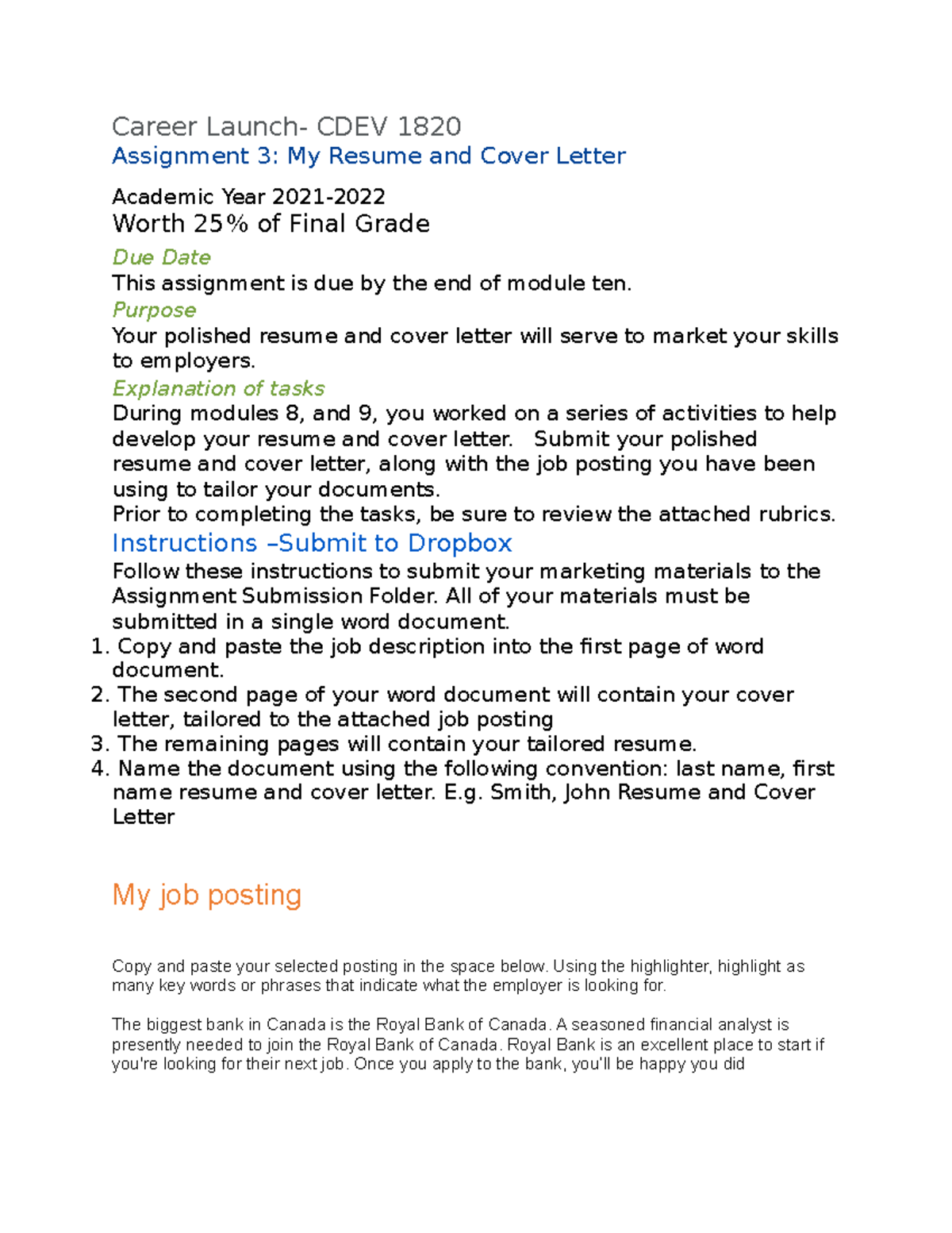 Resume and cover letter - Career Launch- CDEV 1820 Assignment 3: My ...