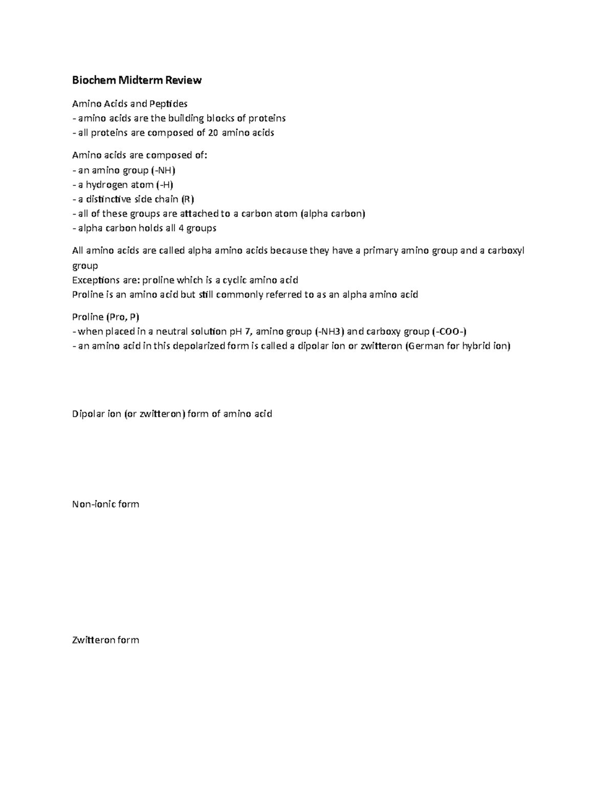 Biochemistry midterm review - Biochem Midterm Review Amino Acids and ...