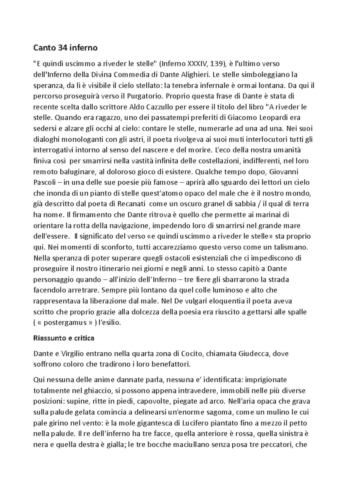 Canto 34 inferno - Canto 34 inferno "E quindi uscimmo a riveder le ...