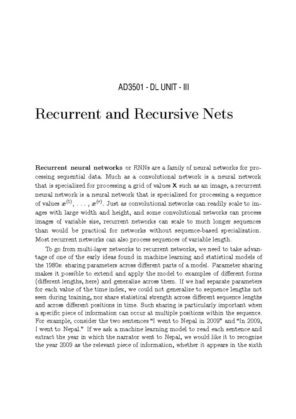AD3501 - DL UNIT - III Notes - Recurrent and Recursive Nets Recurrent ...