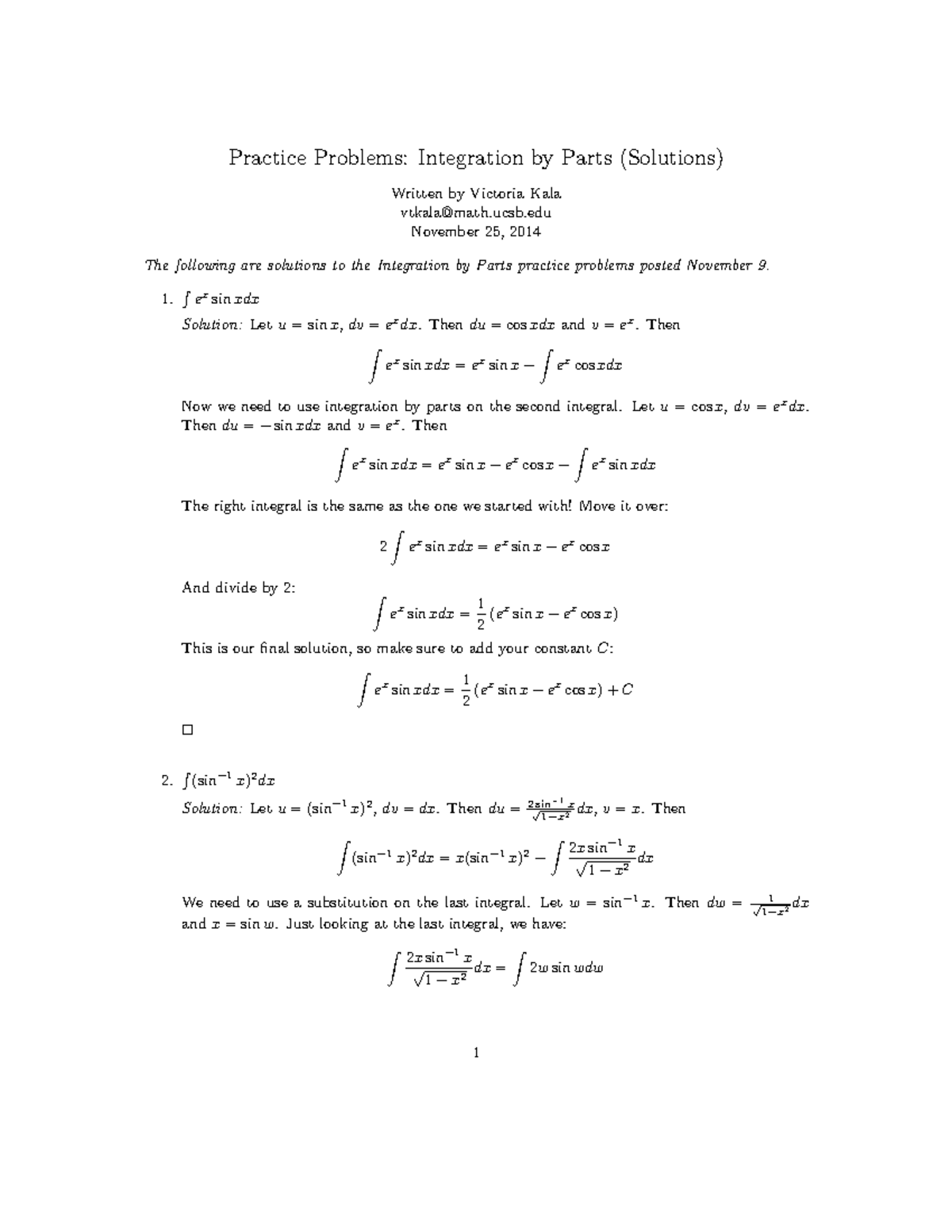 Math3B-Integration By Parts-Solutions - Practice Problems: Integration ...