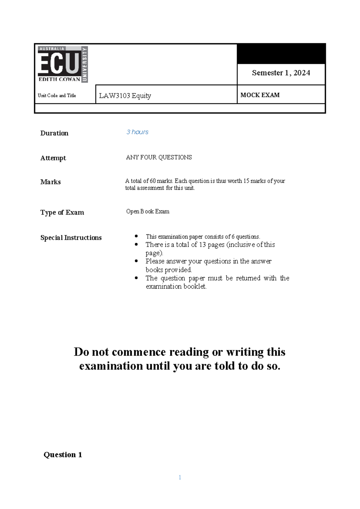 Mock Exam Equity 2024 - exam - Semester 1, 2024 Unit Code and Title ...