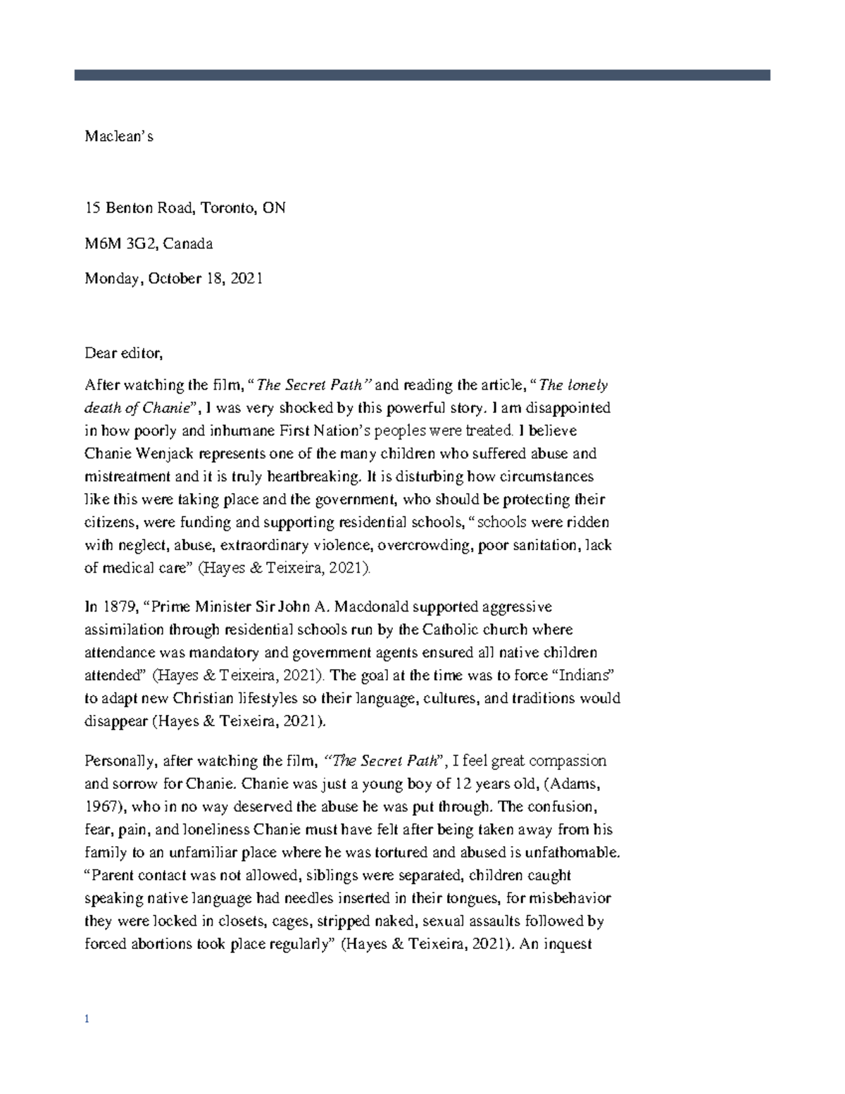 Story of Chanie letter - Fall 2021 Professor Teixeira and Professor ...