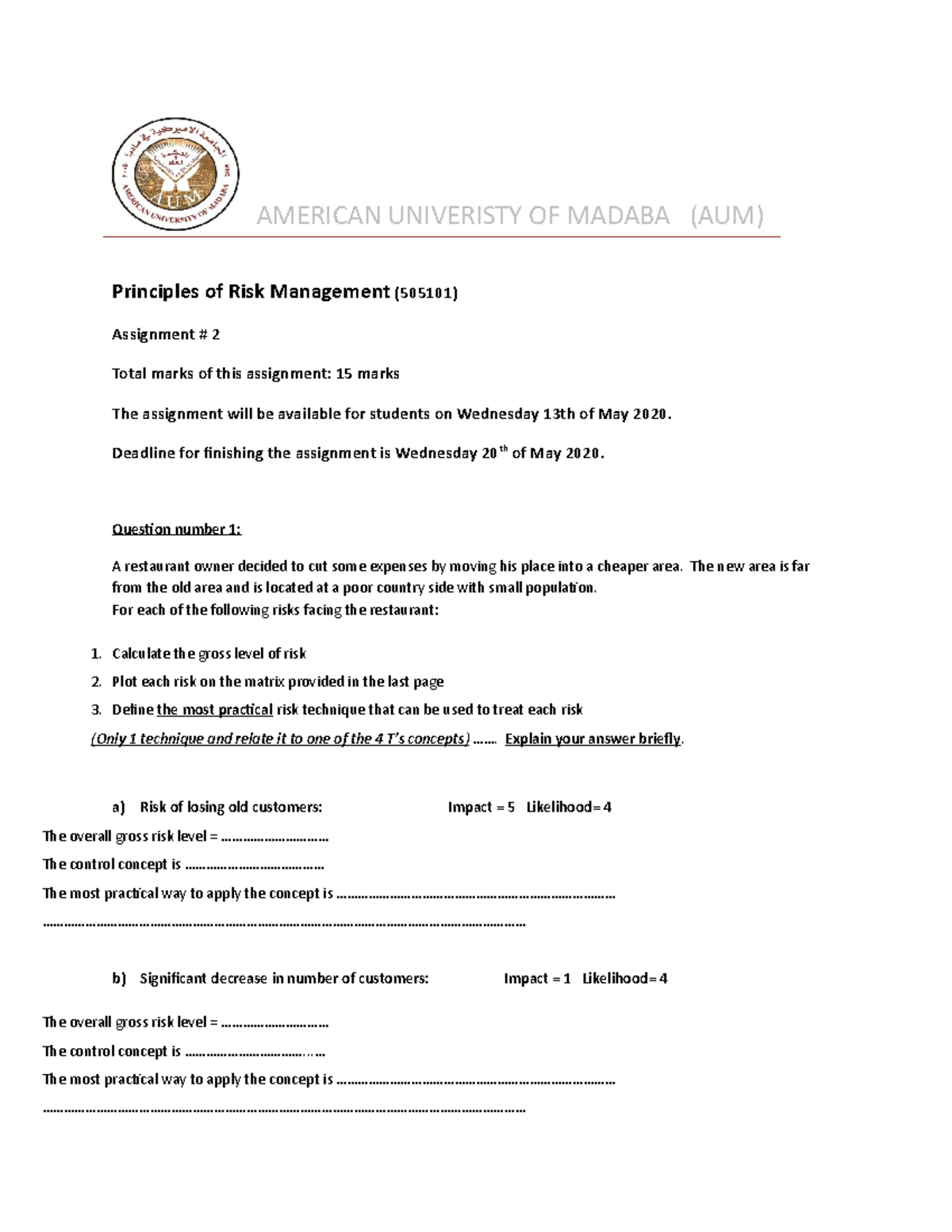 Test chapter-15- 13 May 2020, questions - AMERICAN UNIVERISTY OF MADABA ...