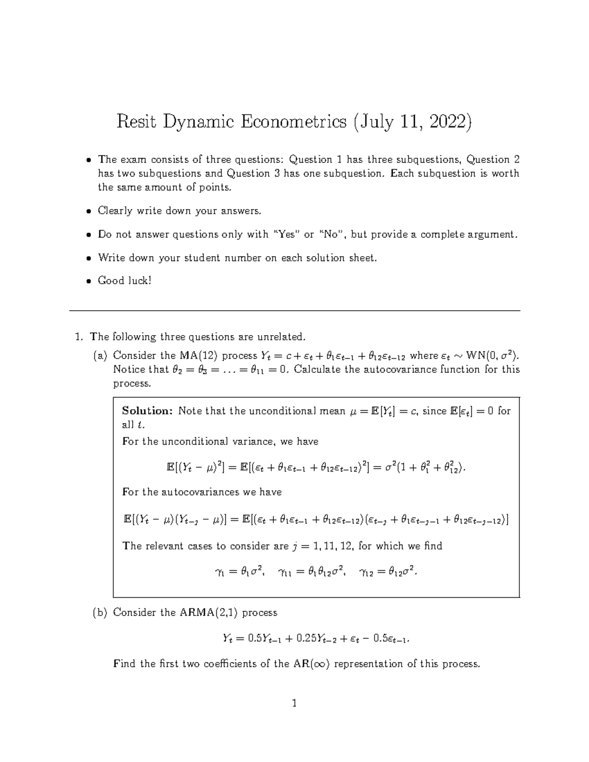 Resit 2022-2023 DE (with solutions) - Resit Dynamic Econometrics (July ...