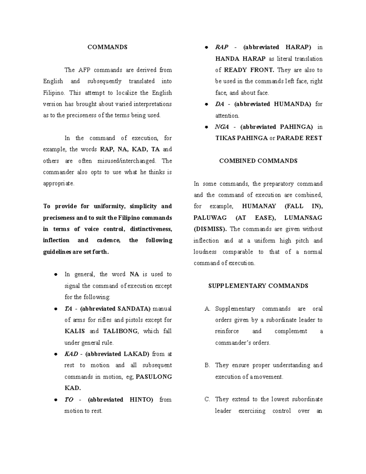 Drill and Ceremonies Pt 2 - COMMANDS The AFP commands are derived from ...