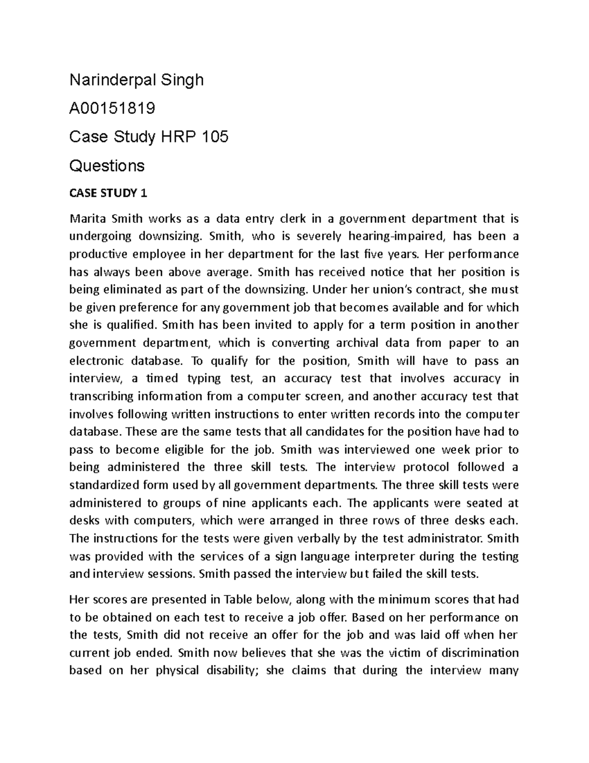 Case study 1 studoc - Narinderpal Singh A Case Study HRP 105 Questions ...