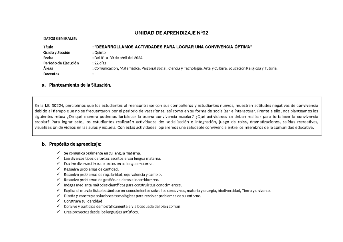 Unidad DE Aprendizaje-N°02- Quinto Grado - UNIDAD DE APRENDIZAJE N ...