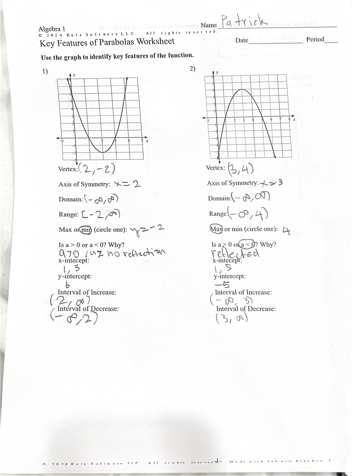 Key Features of Parabolas Worksheet - saiwollo Name Patrick Algebra 1 c ...