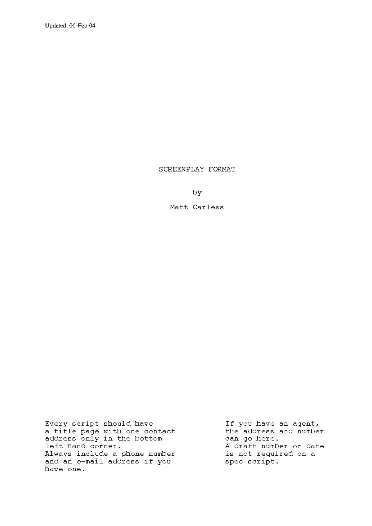 Movie Script Format Title Page