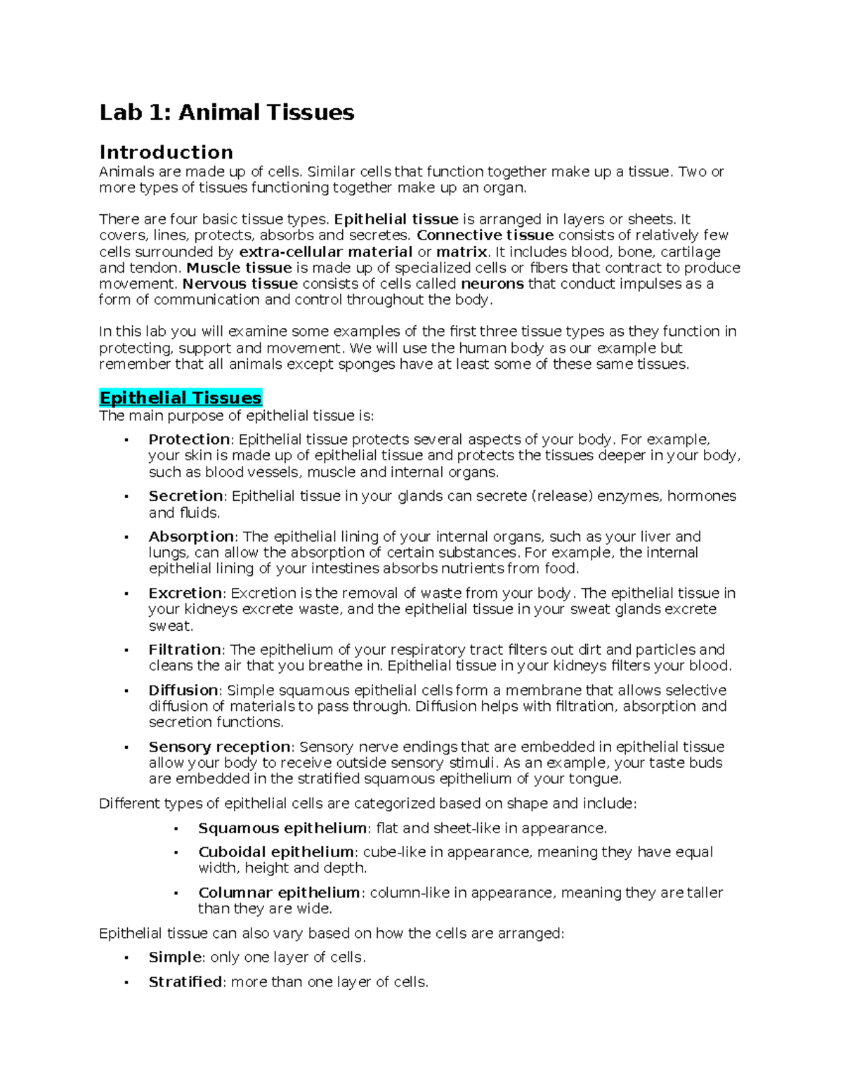 Lab 1- Animal Tissues In Person-1 - Lab 1: Animal Tissues Introduction ...