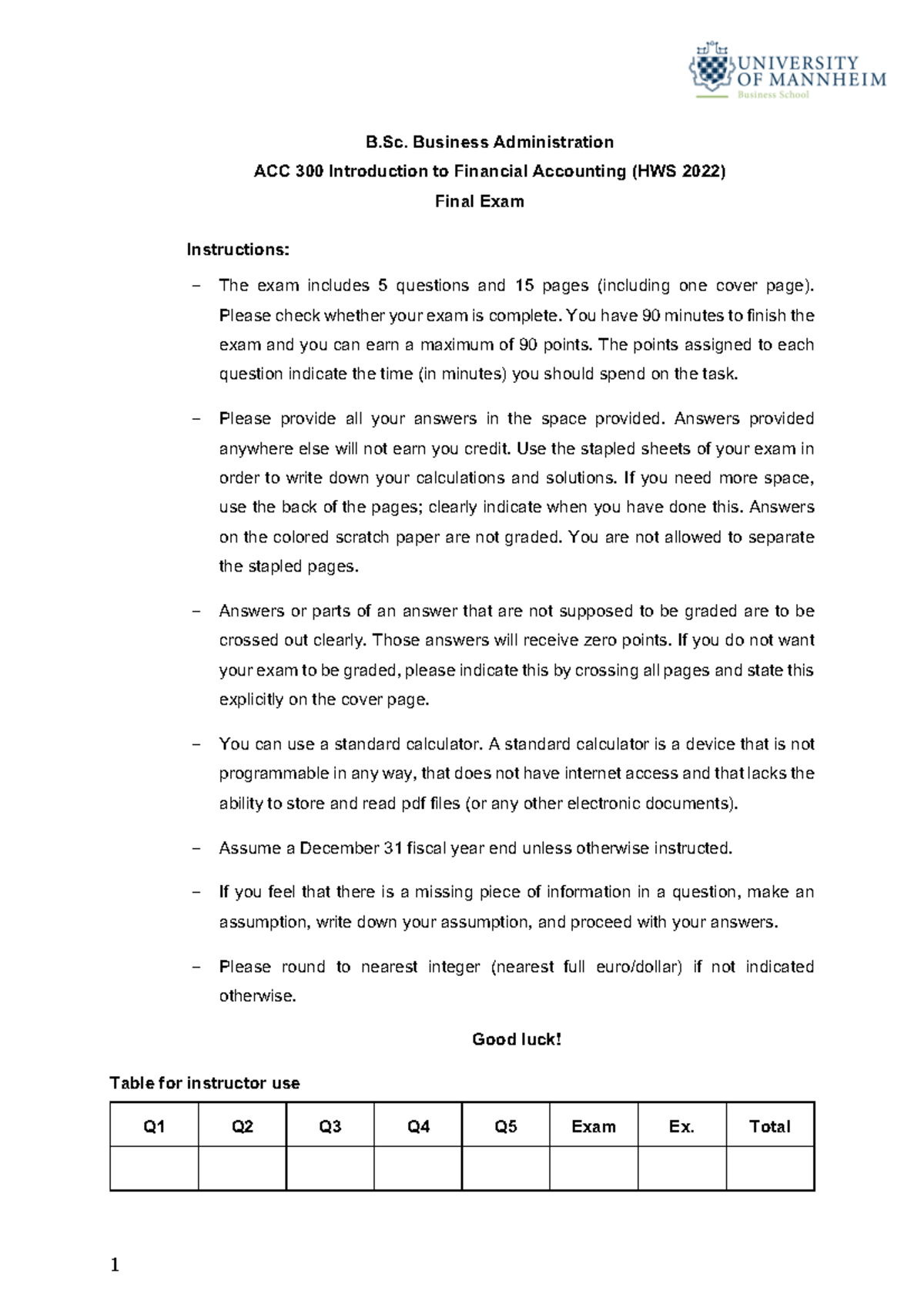 Cover sheet - 1 B. Business Administration ACC 300 Introduction to Financial Accounting (HWS 20 ...