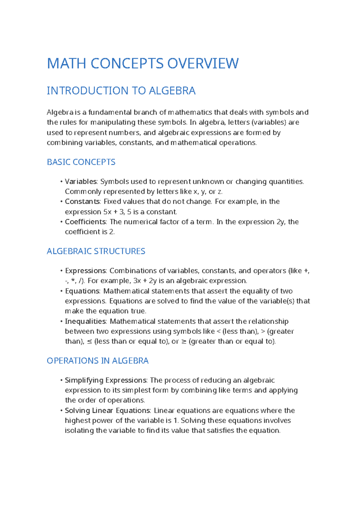 Math Concepts Overview - MATH CONCEPTS OVERVIEW INTRODUCTION TO ALGEBRA ...