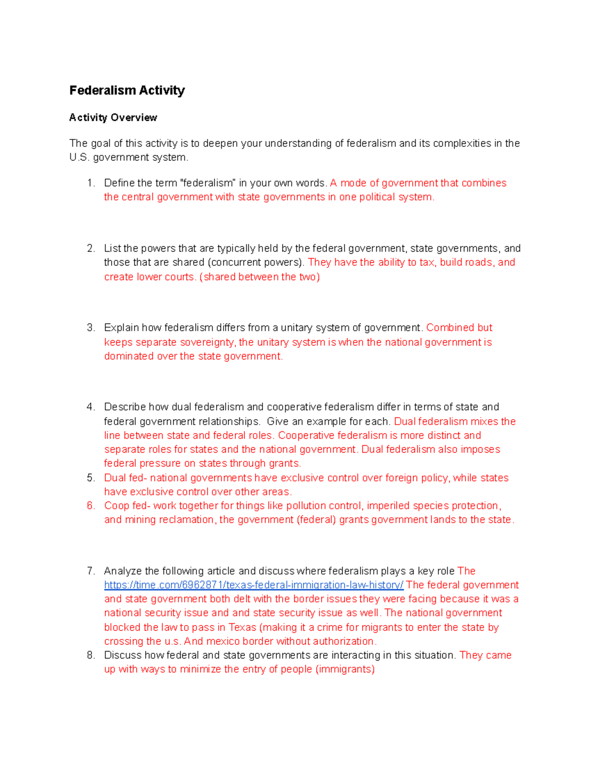 Copy of Federalism Activity - Federalism Activity Activity Overview The ...