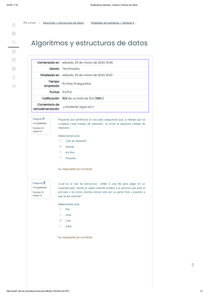 Modalidad de exámenes Semana 1 Revisión del intento - Algoritmos y ...