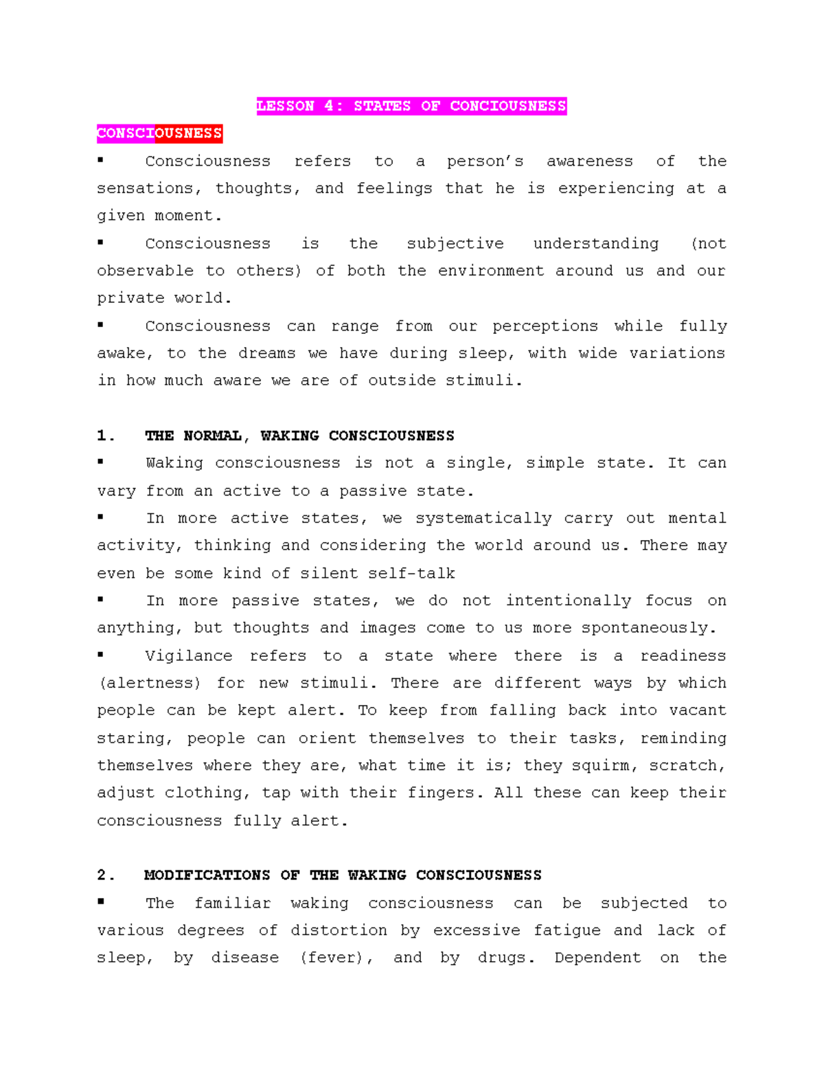 Psychology Module Finals - LESSON 4: STATES OF CONCIOUSNESS ...
