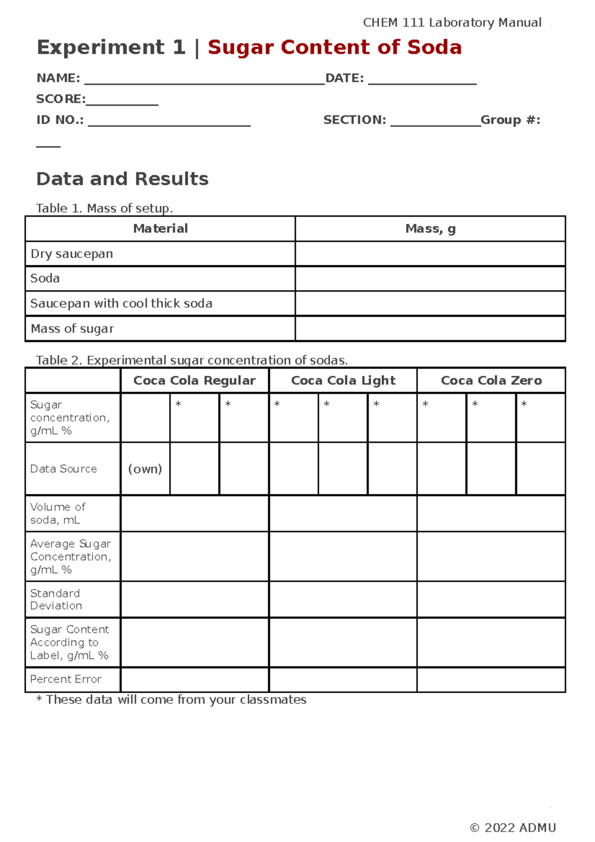 CHEM111 W1 Sugar Content of Beverages - CHEM 111 Laboratory Manual ...