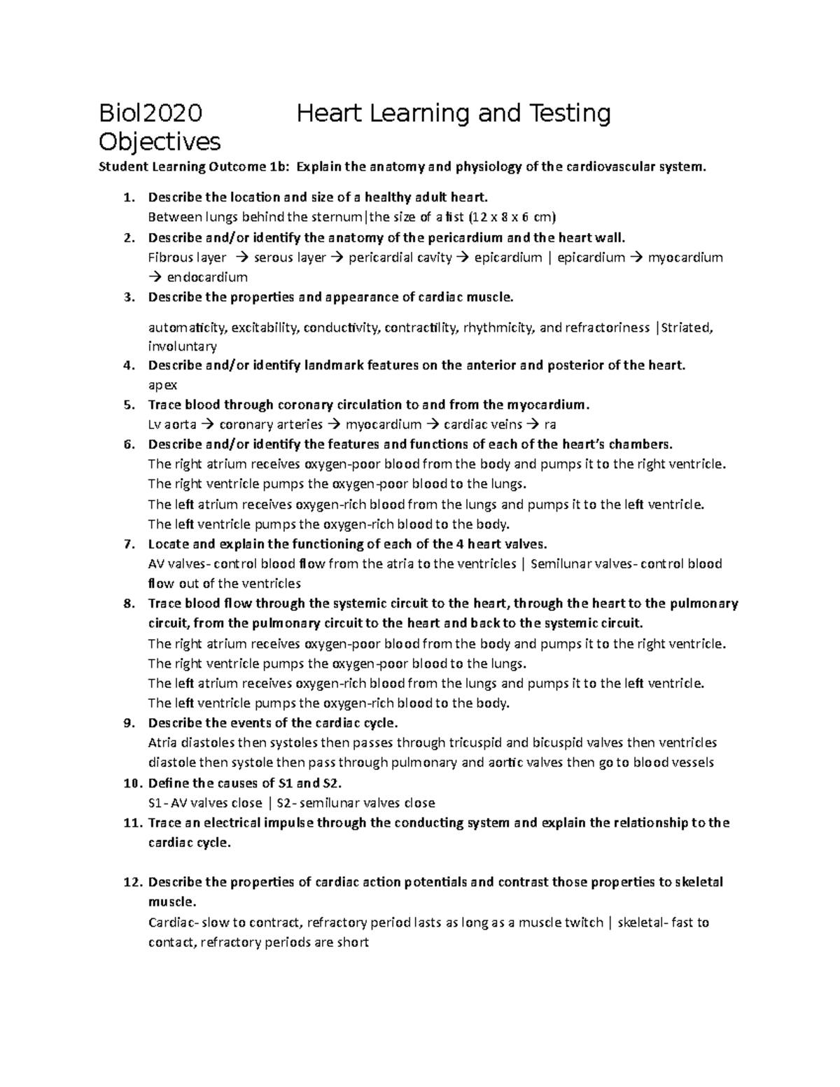 A&P 2 Test 2 Learning Objectives - Biol2020 Heart Learning and Testing ...
