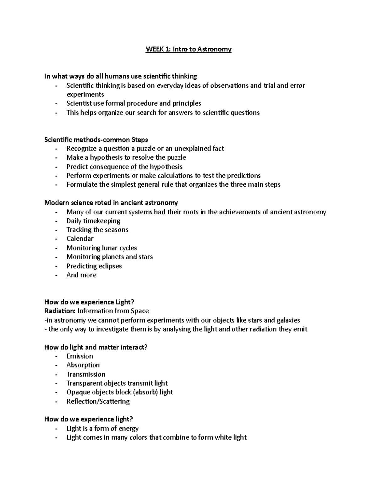 Intro to astronomy class 1 - WEEK 1: Intro to Astronomy In what ways do ...