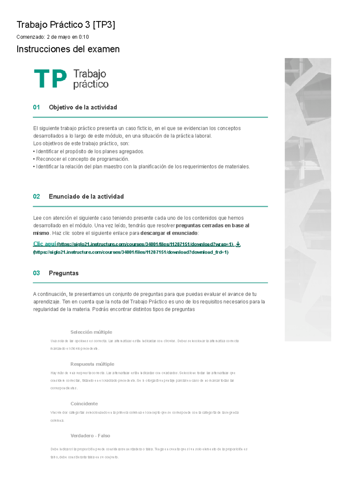 Tp 3 produccion II 100% - Trabajo Práctico 3 [TP3] Comenzado: 2 de mayo en 0: Instrucciones del ...